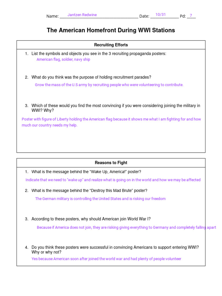 Kami Export - WWI Homefront Stations Question Sheet-1 | PDF | Espionage ...
