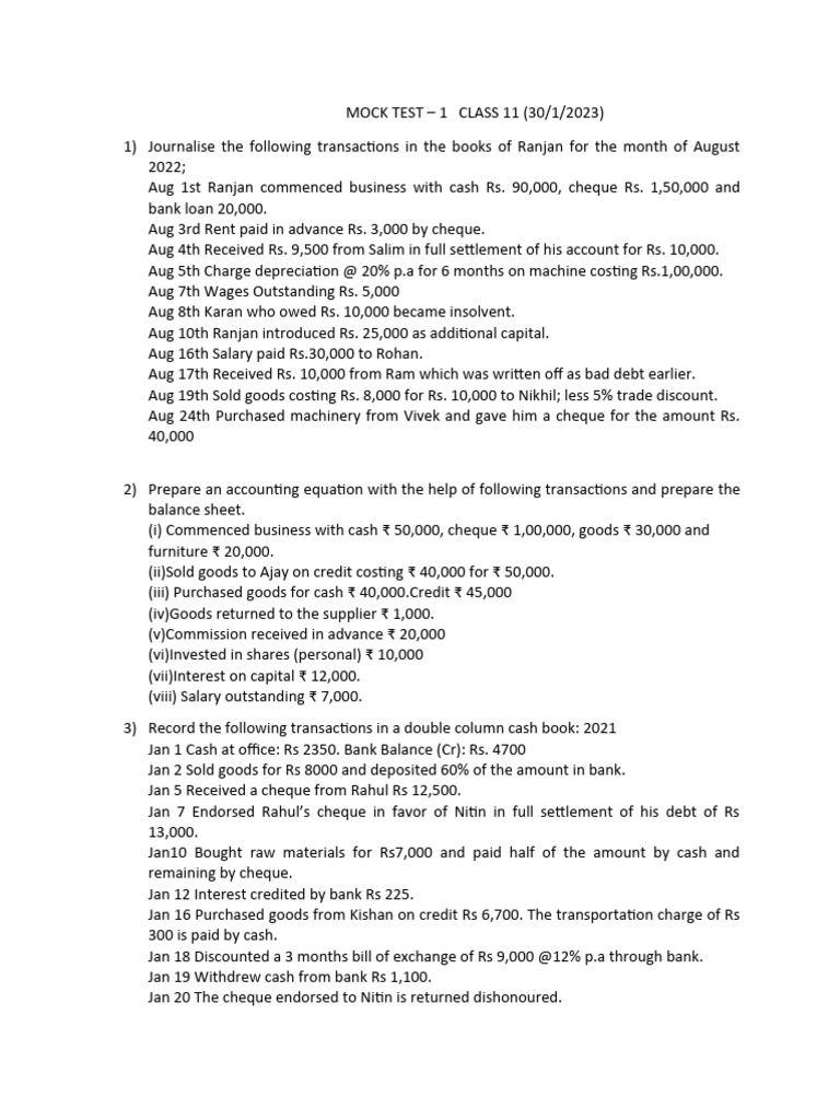MOCK TEST 1 CLASS 11 ACCOUNTANCY | PDF