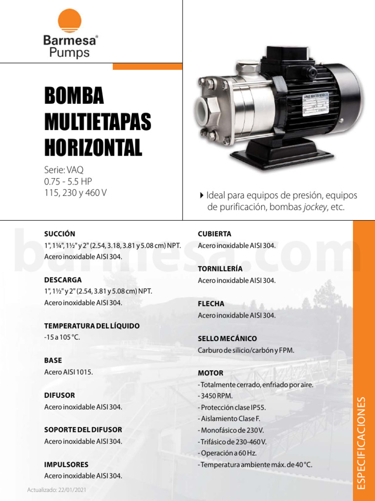 F.T Bomba Multietapas Horizontal Serie VAQ | PDF | Acero | Cantidades fisicas