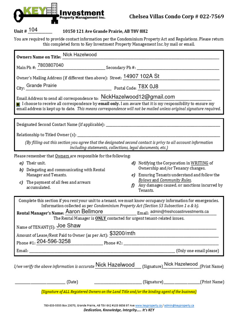 Chelsea Villas Contact Fillable Form 104 10150 121 Ave | PDF ...