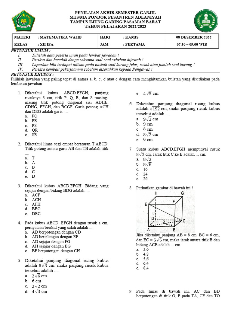 Soal Semester MTK Wajib Kls 12 Ganjil | PDF
