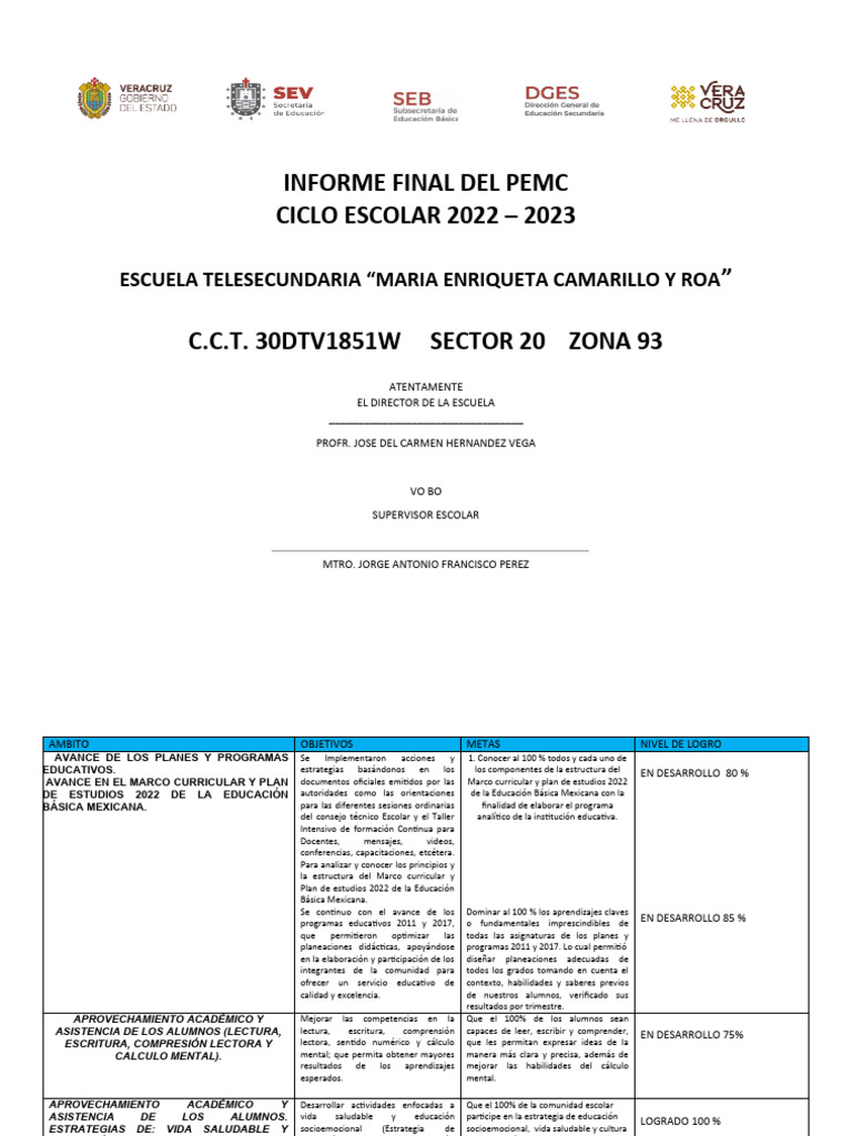 INFORME DE METAS DEL PEMC CICLO ESCOLAR 2022-2023 Ok | PDF | Plan de estudios | Modificación de ...