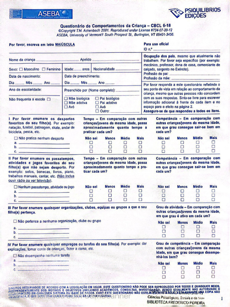 CBCL Questionário | PDF