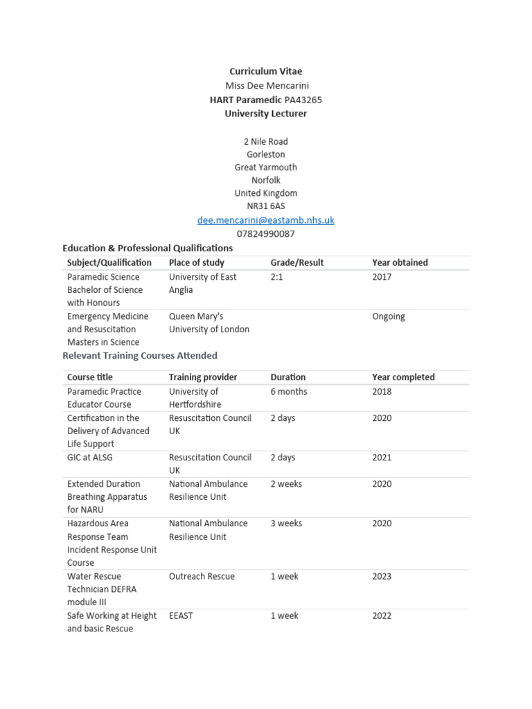 Dee Mencarini CV 2023 | PDF | Paramedic | Emergency Medical Services