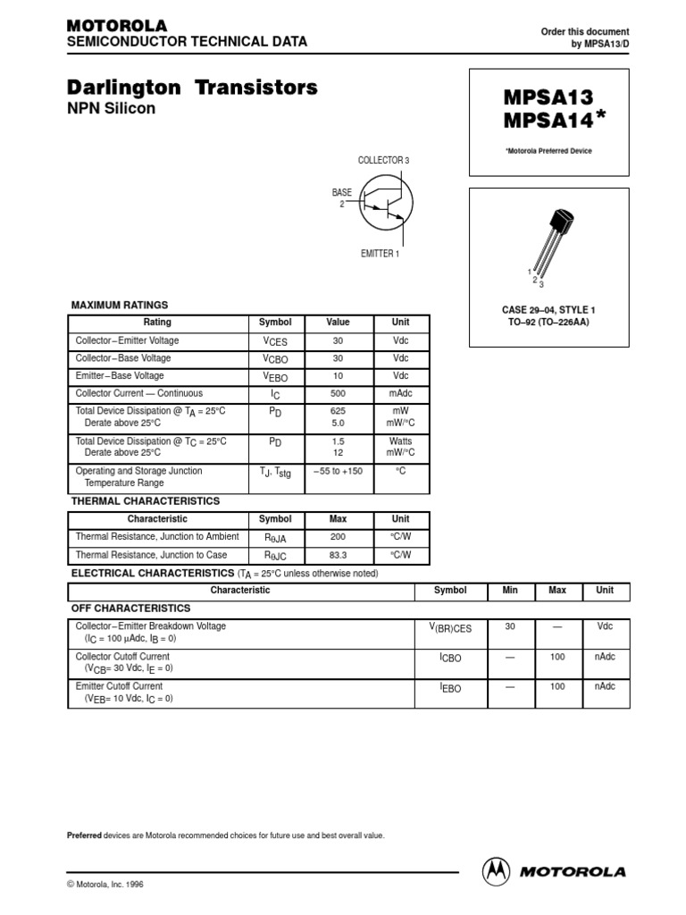 MPSA13 Motorola | PDF | Bipolar Junction Transistor | Transistor