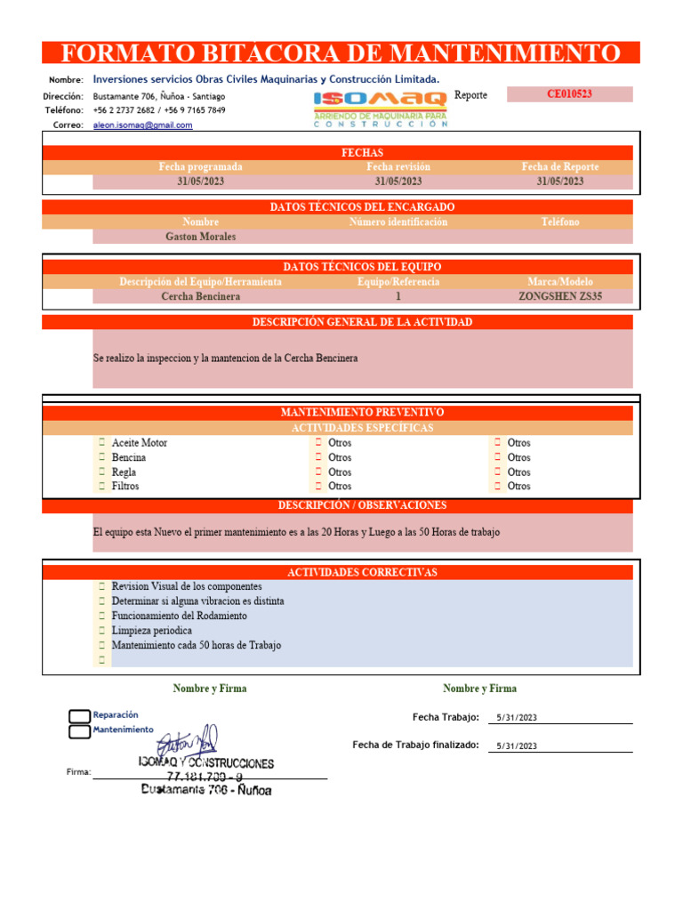 Formulario de Mantencion | PDF | Bienes manufacturados | Ingeniería mecánica