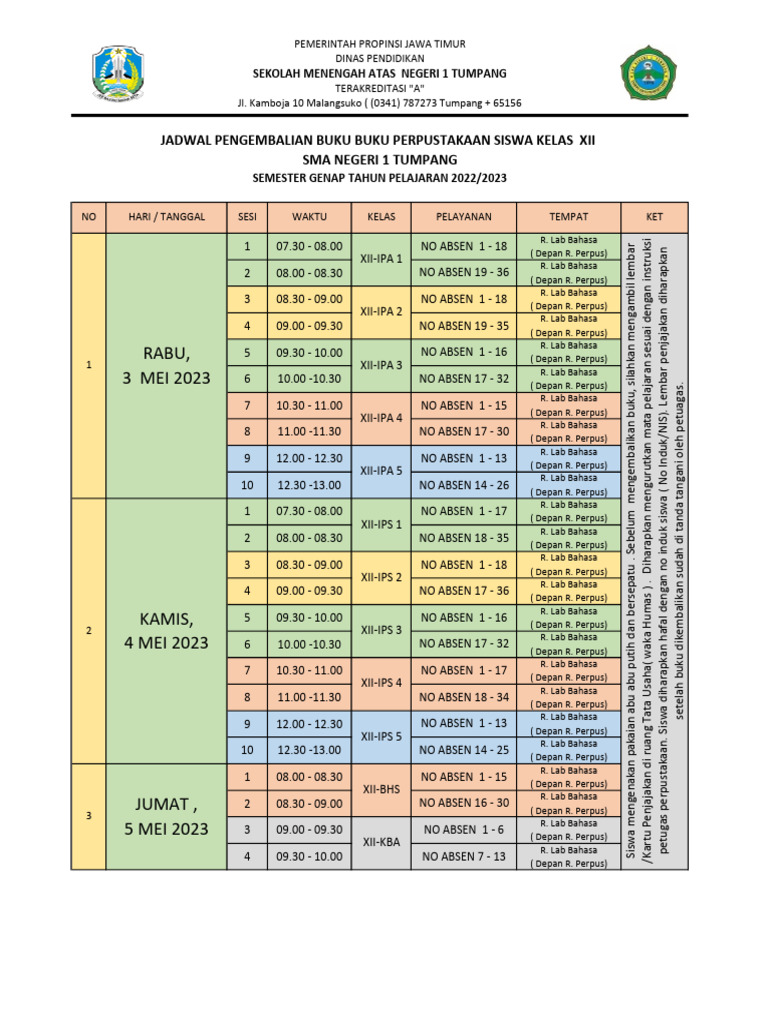 jADWAL pENGEMBALIAN bUKU pERPUSTAKAAN KSL Xii 2023 | PDF