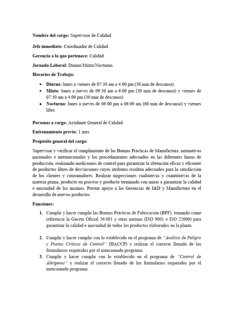 Supervisor de Calidad: Funciones y Requisitos | PDF | Análisis de ...