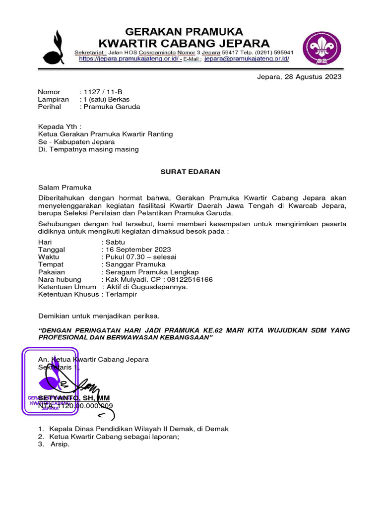 Edaran Seleksi Pramuka Garuda Fasilitasi | PDF Edaran Seleksi Pramuka Garuda Fasilitasi | PDF