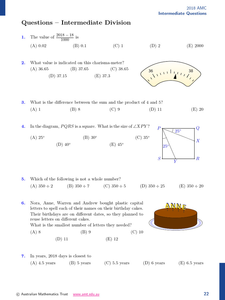2018 Australian Mathematics Competition AMC Intermediate Years 9 and 10 ...