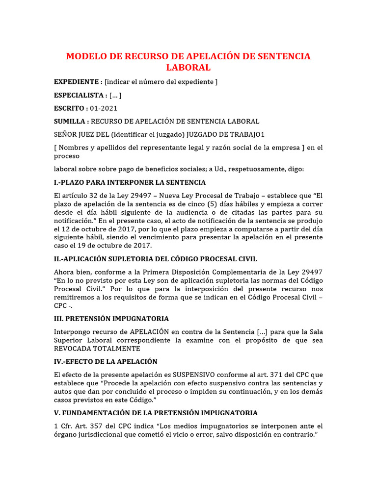 Modelo de Recurso de Apelación 1 | PDF | Sentencia (ley) | Ley procesal