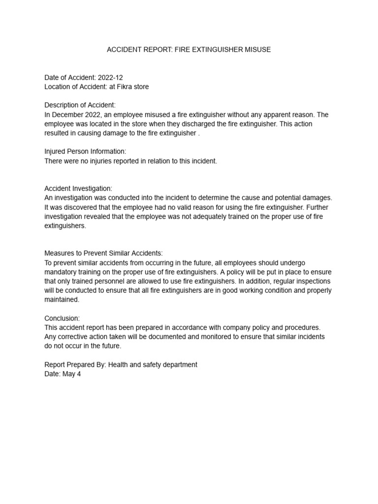 Accident Report - Fire Extinguisher Misuse | PDF