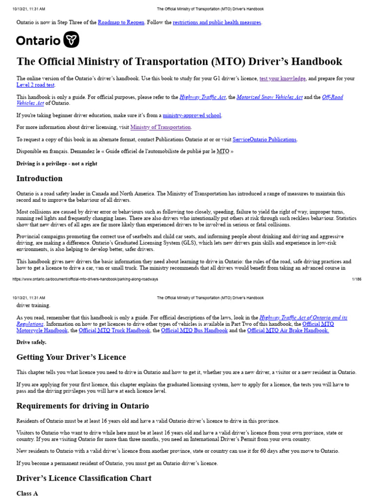 The Official Ministry of Transportation (MTO) Driver's Handbook | PDF ...