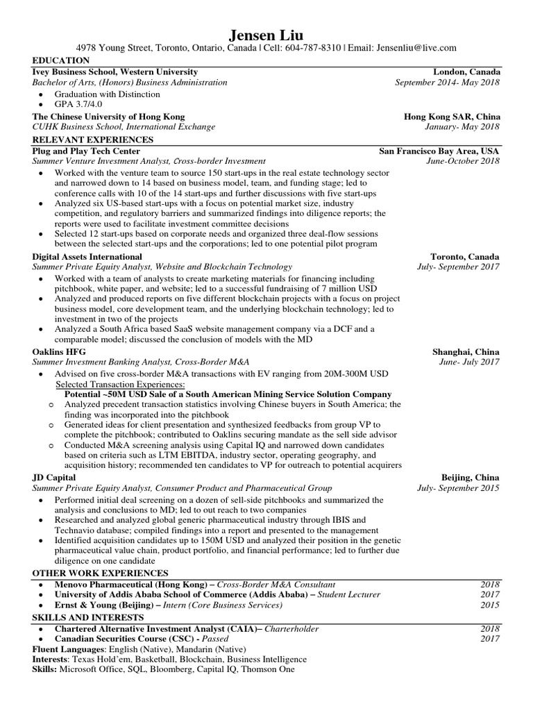 Resume Jensen Liu | Download Free PDF | Mergers And Acquisitions ...
