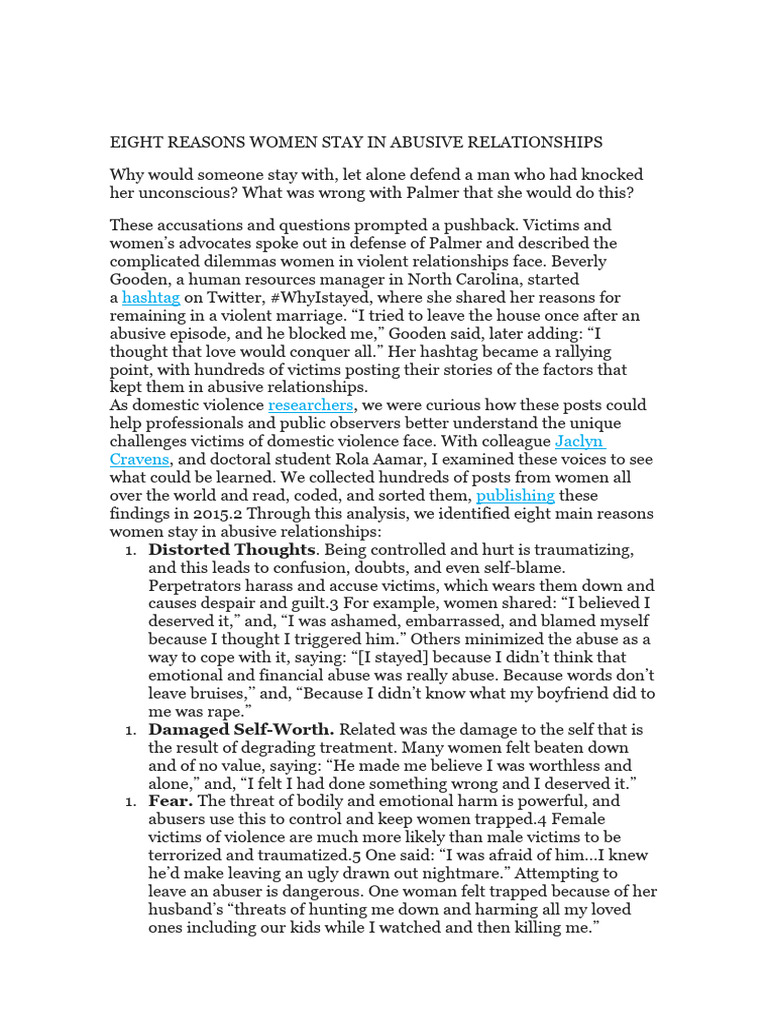 Eight Reasons Women Stay In Abusive Relationships Pdf Domestic