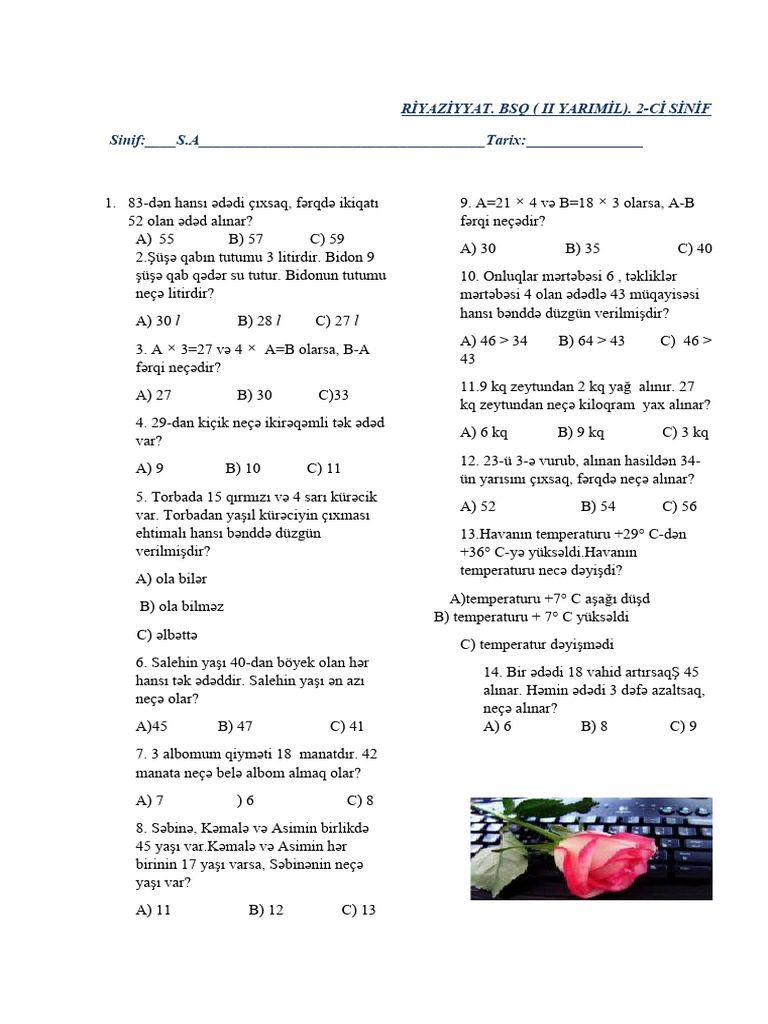 2 Ci Sinif BSQ Riyaziyyat 1 | PDF
