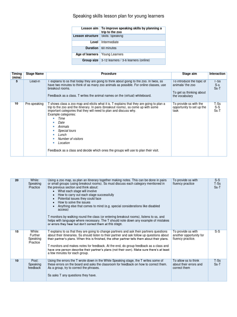 Speaking Skills Lesson Plan For Young Learners | PDF | Education Theory ...
