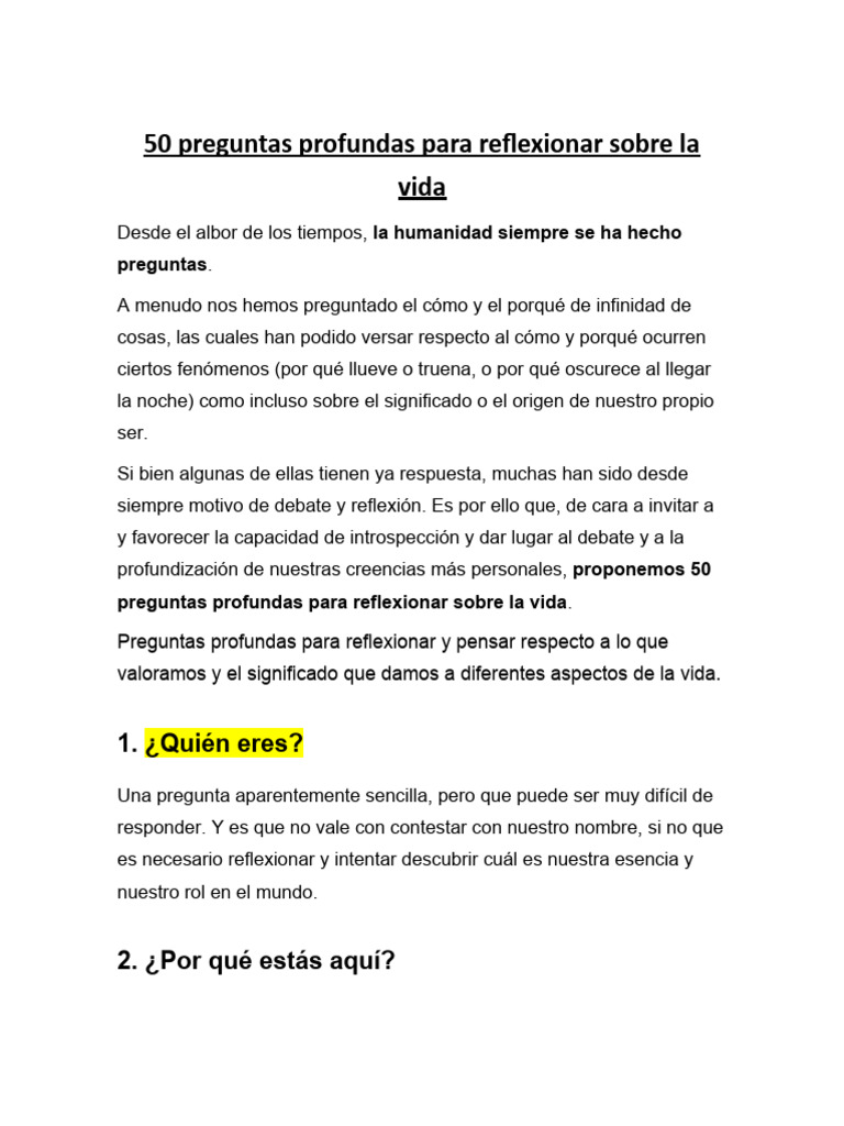 50 Preguntas Profundas para Reflexionar Sobre La Vida | PDF | Pensamiento | Aprendizaje