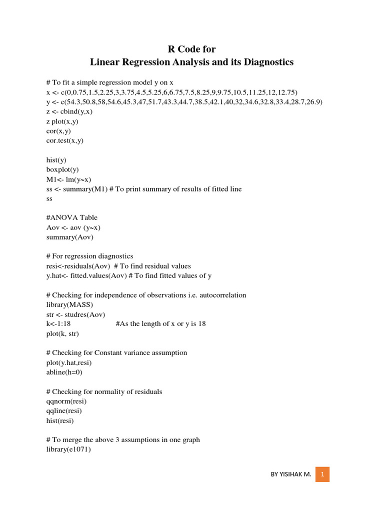 R Code For Linear Regression Analysis 1 Way ANOVA | PDF | Analysis Of ...