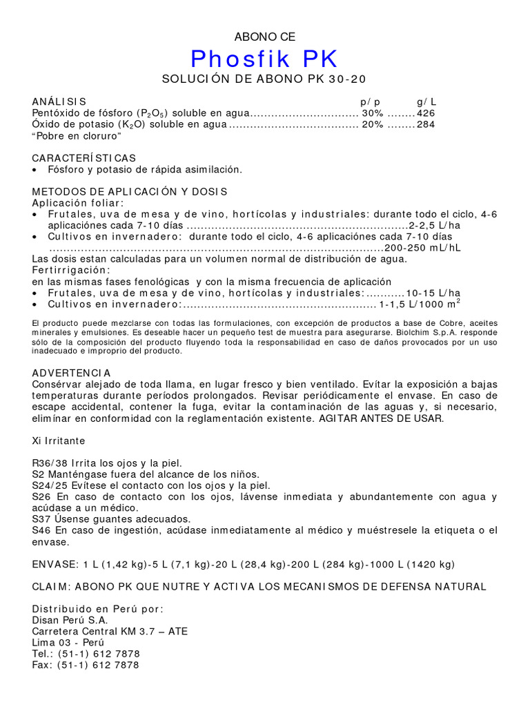 Phosfik PK - Informacion de Producto - Biolchim | PDF | Fertilizante ...