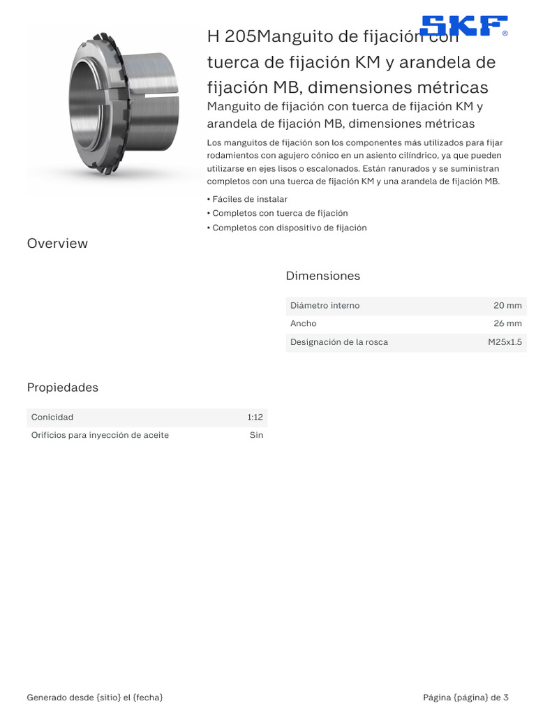 SKF H 205Manguito de fijación con tuerca de fijación KM y arandela de fijación MB, dimensiones ...