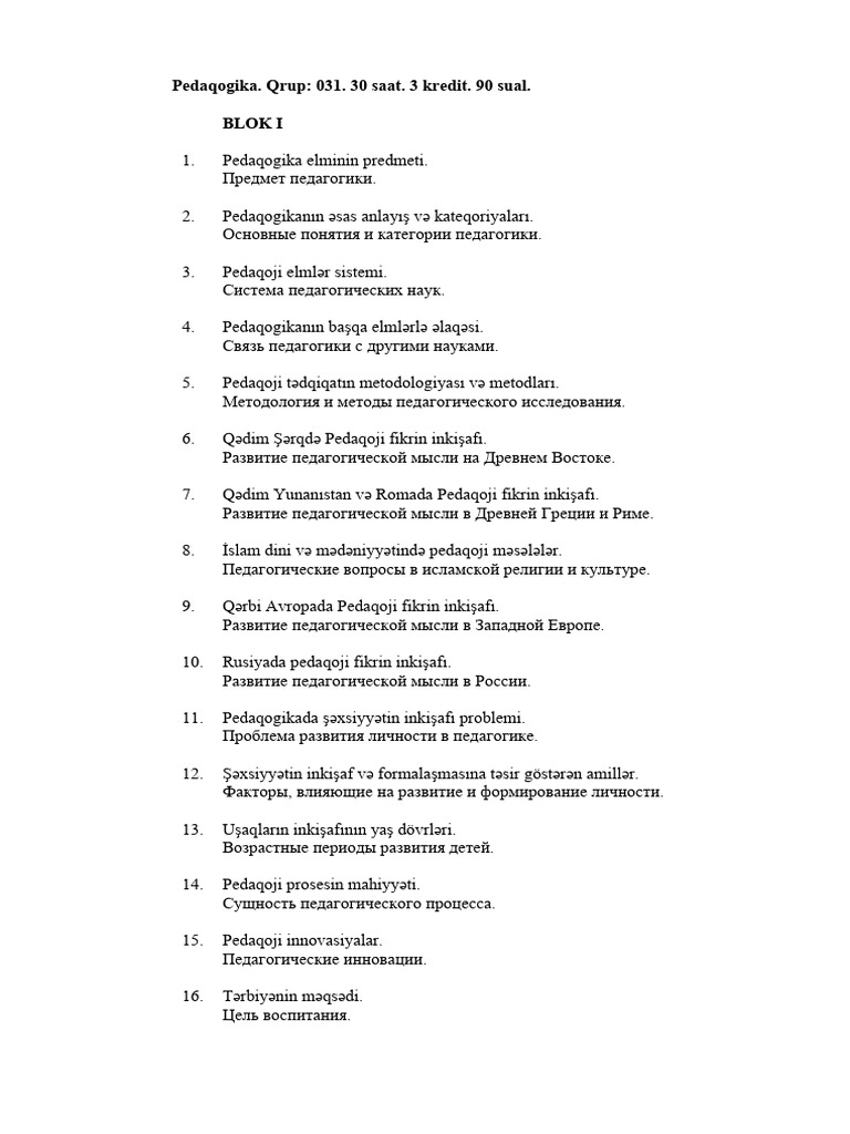 Pedaqogika. 031. 30 Saat. 3 Kr. 90 Sual | PDF