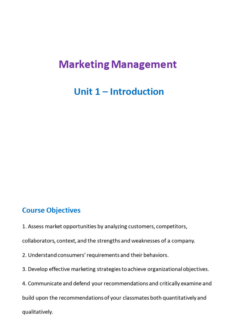 Marketing Management: Unit 1 - Introduction | PDF | Marketing | Sales