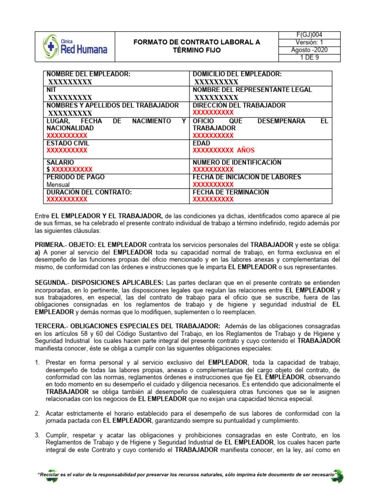 Formato de Contrato Laboral Fijo | PDF | Derecho laboral | Salario