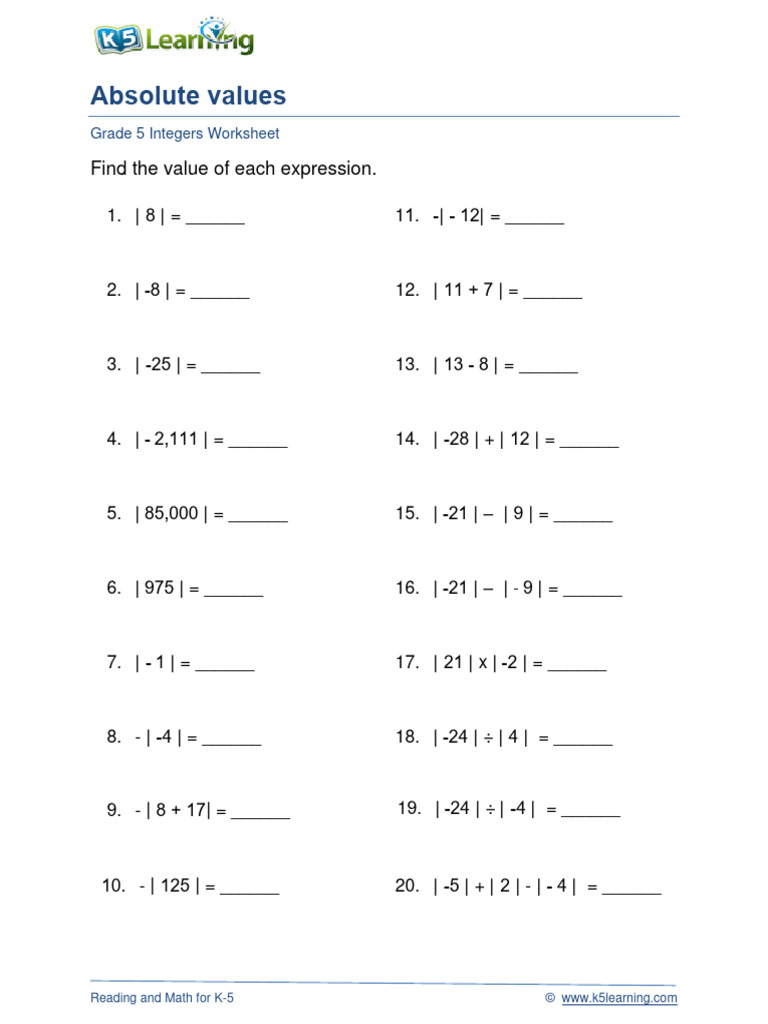 Grade 5 Integers Absolute Value B | PDF | Teaching Methods & Materials