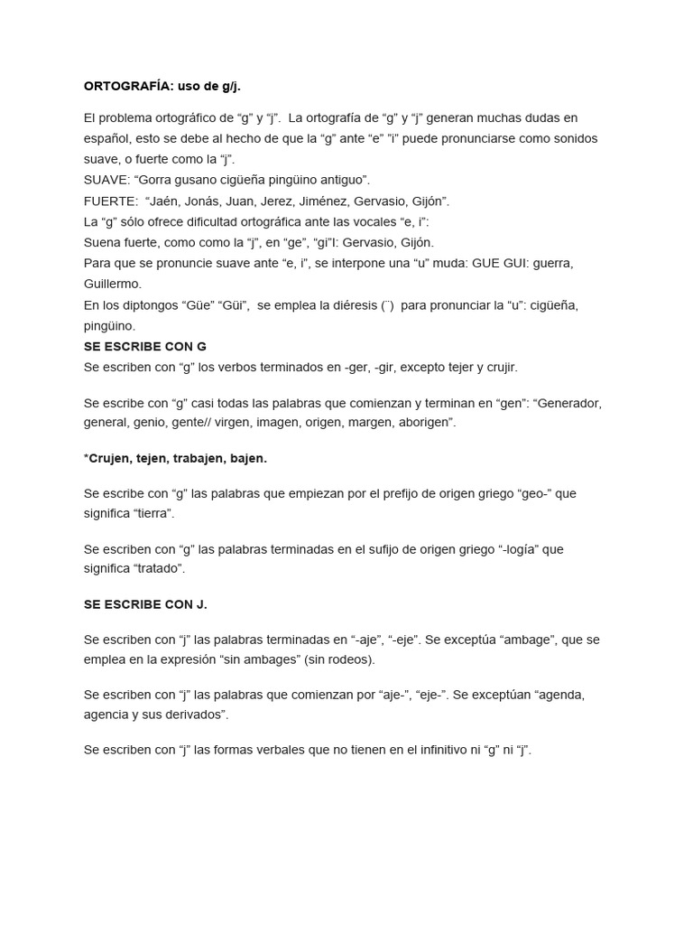 Ortografía. Uso de La G y La J (Lengua) | PDF