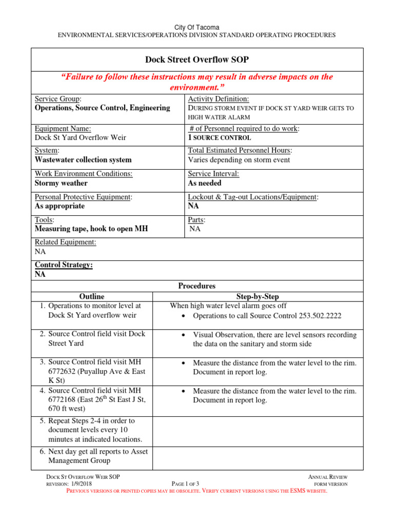 Environmental Compliance Procedures - Dock ST Overflow Weir | PDF | Version Control | Safety