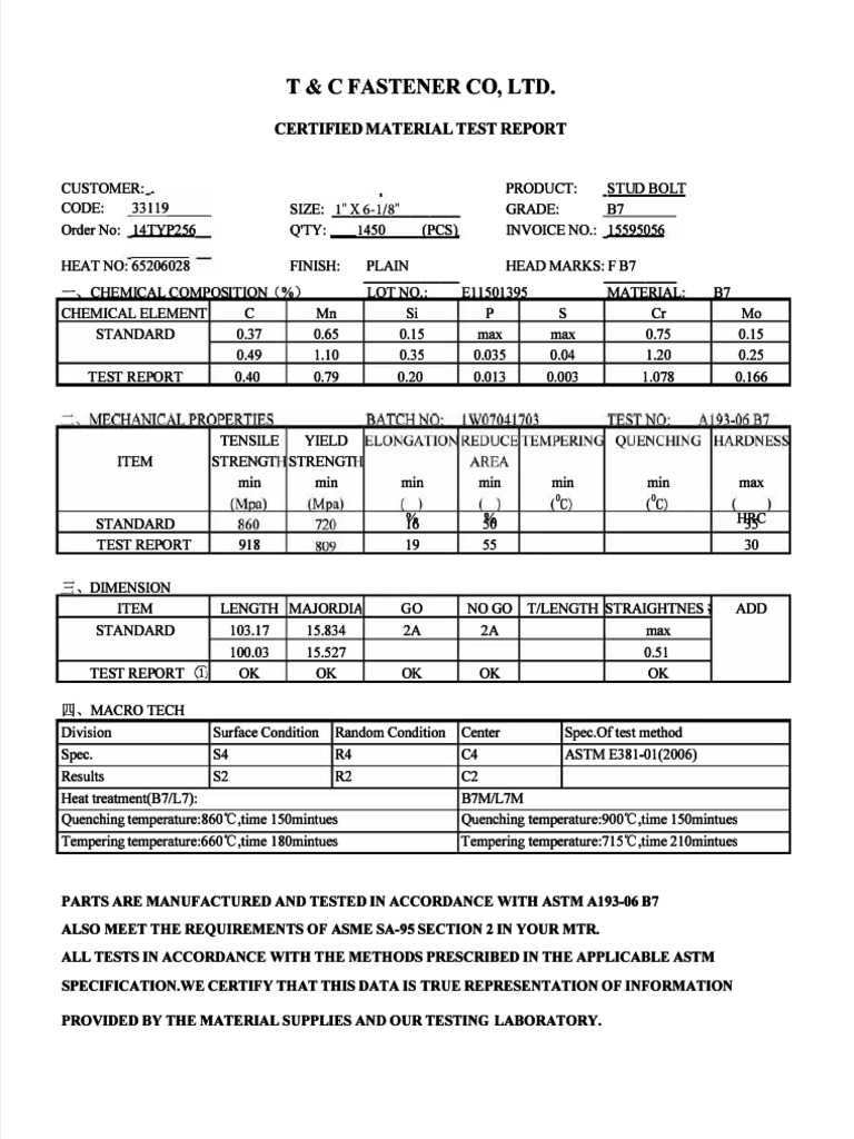 PDF T Amp C Fastener Co LTD Certified Material Test Report - Compress | PDF