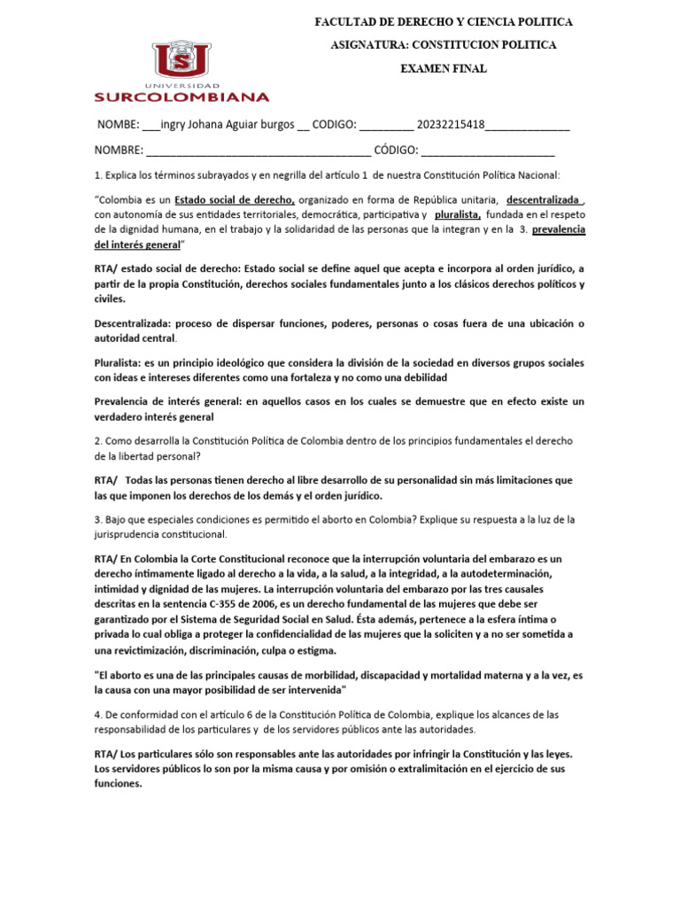 EXAMEN - FINAL (1) Ingry Johana Aguiar | PDF | Constitución | Aborto