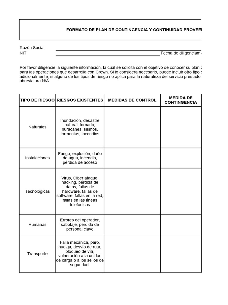 Formato Plan de contingencia y continuidad Proveedores | PDF