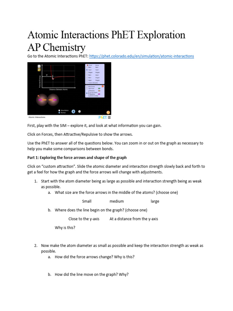 Atomic Interactions Phet Exploration Pdf Chemical Bond Atoms