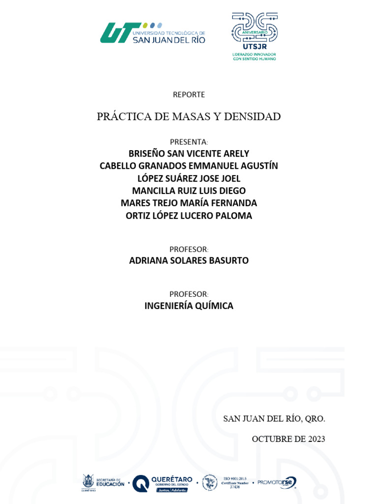 Práctica de Densidad y Volumen Molar | PDF | Densidad | Volumen