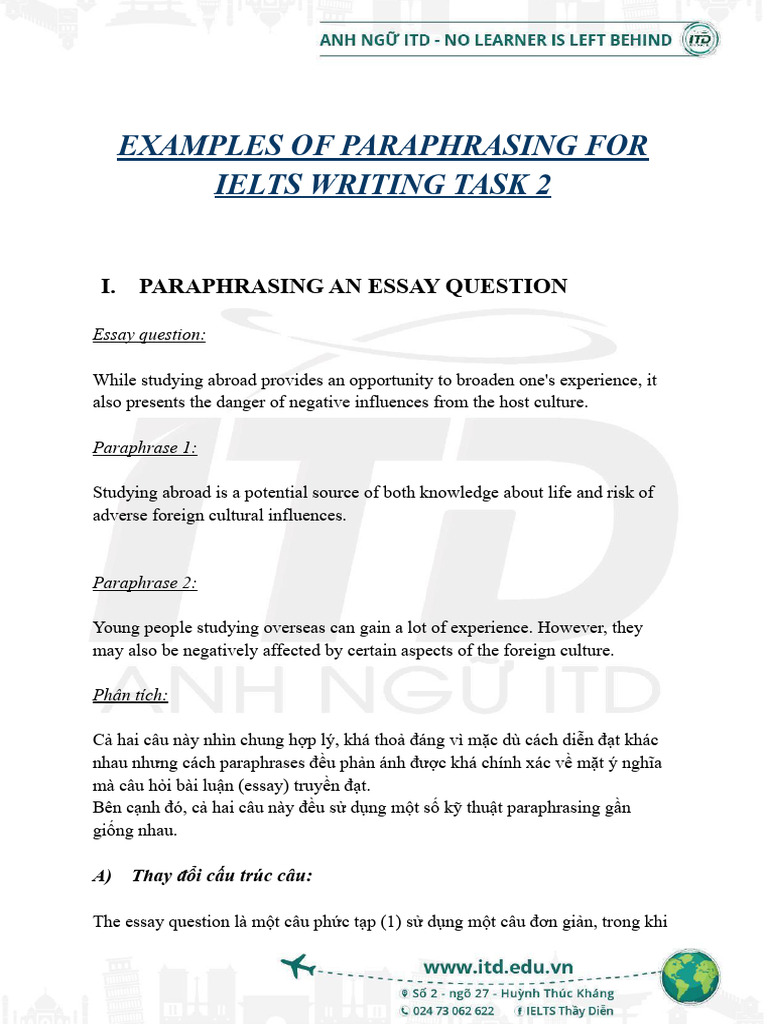 Examples of Paraphrasing For Ielts Writing Task 2 | PDF