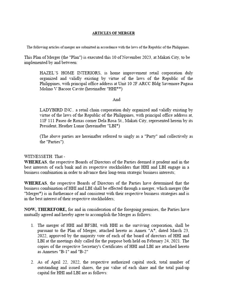 Articles of Merger | Download Free PDF | Mergers And Acquisitions | Stocks