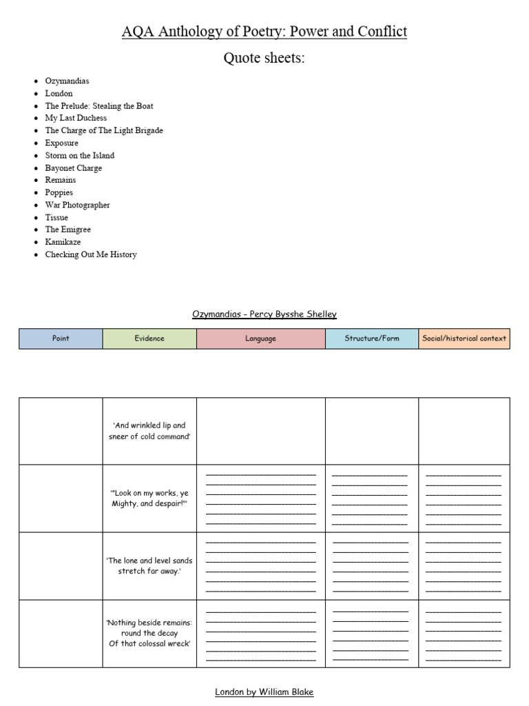 Aqa Anthology of Poetry Quote Booklet | PDF | Poetry
