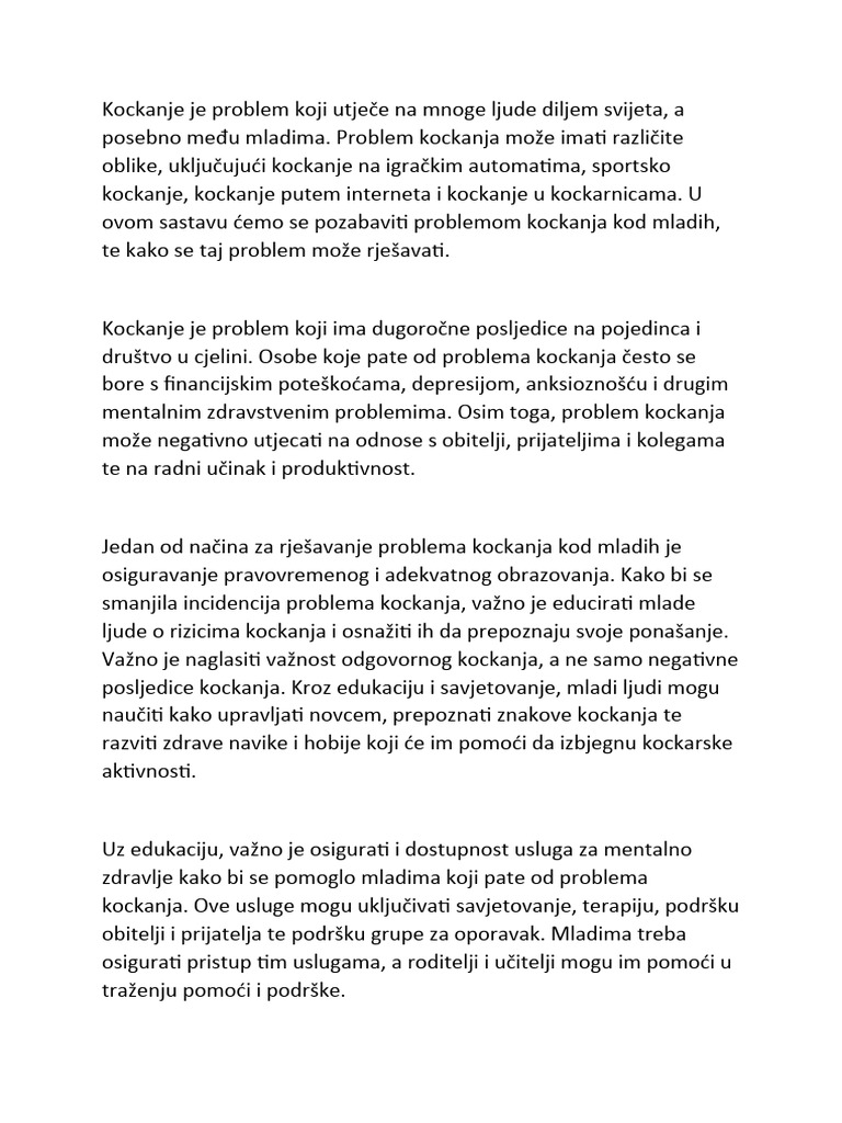 Kockanje Je Problem Koji Utječe Na Mnoge Ljude Diljem Svijeta | PDF