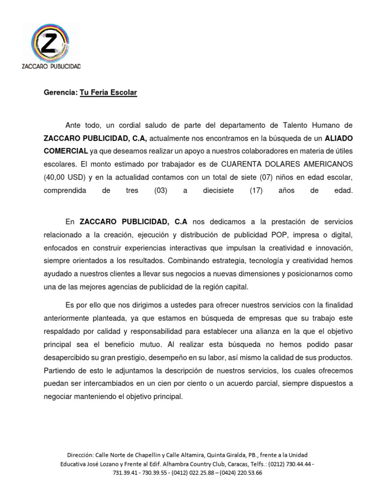 Propuesta de Alianza Comercial Zaccaro | PDF | Publicidad