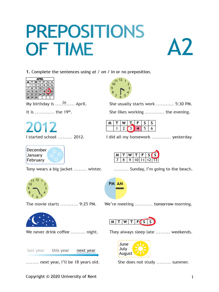 Prepositions-of-time-A2-Students-worksheet | PDF | Workweek And Weekend