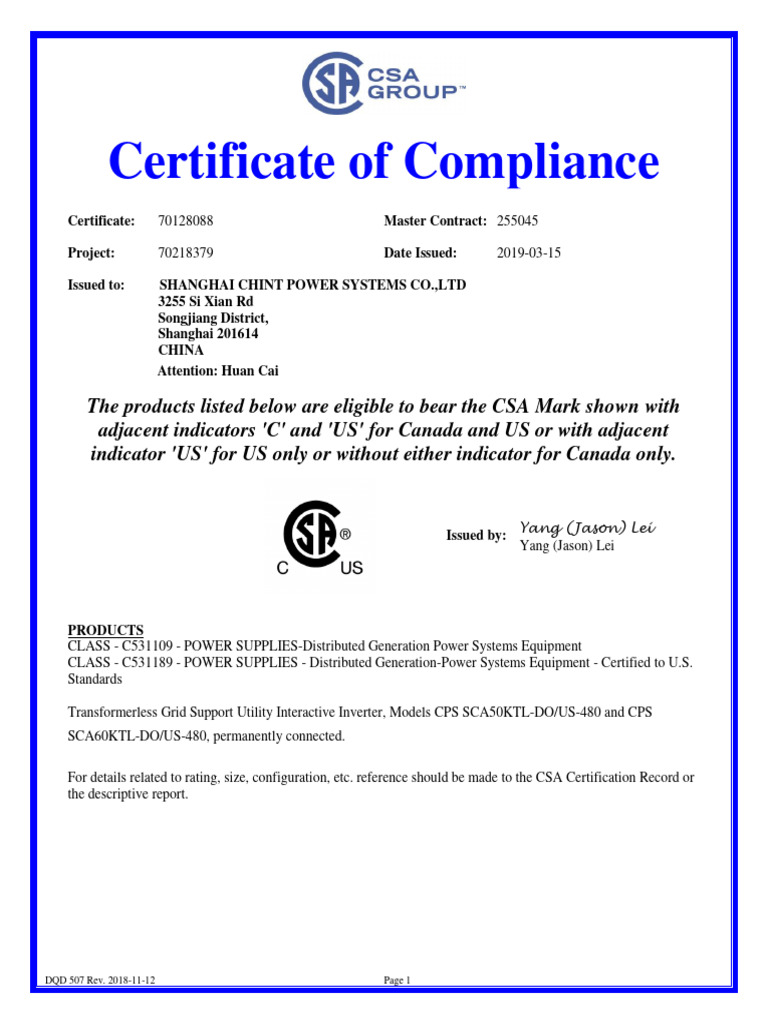 CPS - SCA50 - 60KTL DO 480 NRTL CSA - CoC | PDF | Electrical Grid ...