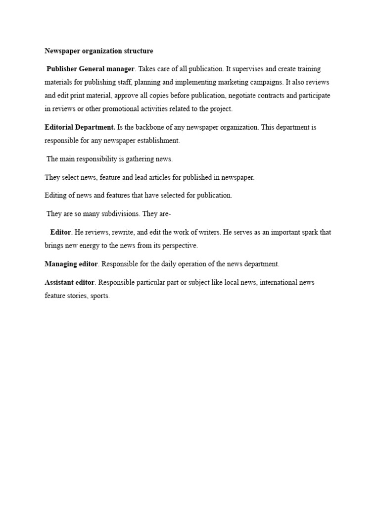 Structure of Newspaper Organization | PDF | Newspapers | Copy Editing