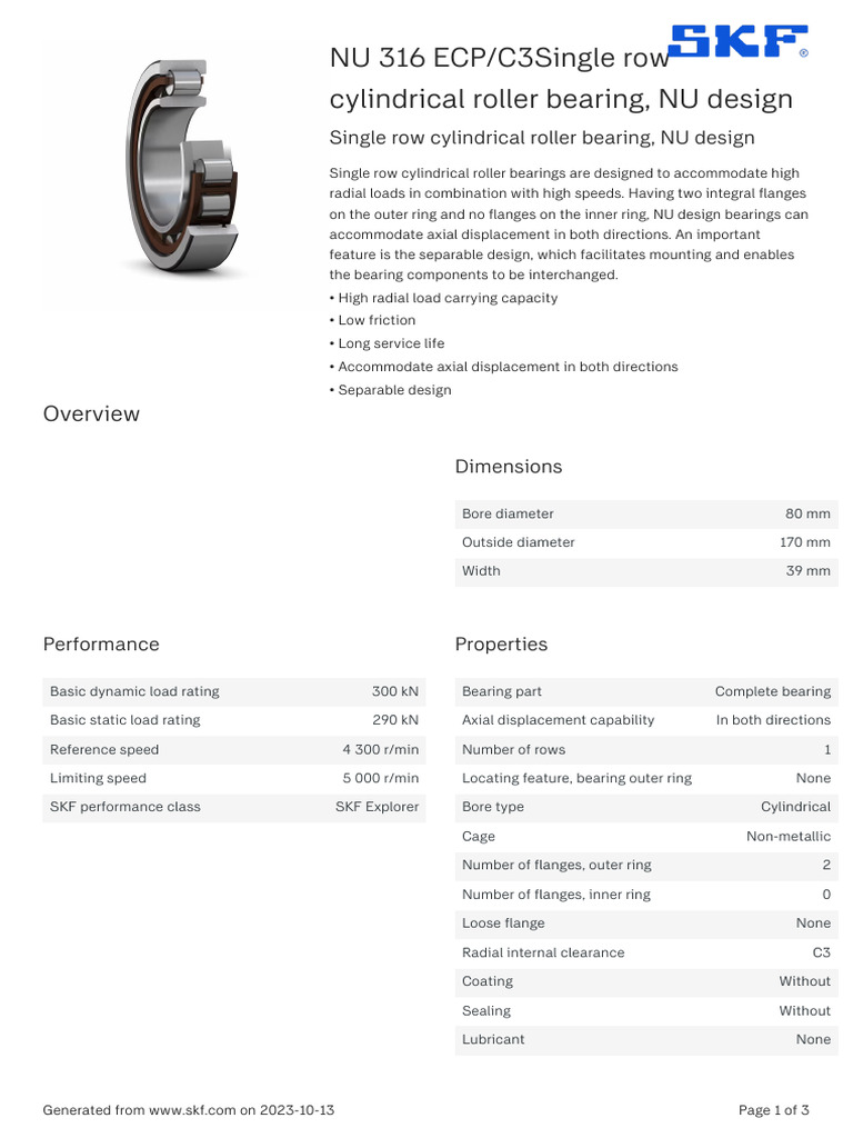 SKF NU 316 ECP - C3Single Row Cylindrical Roller Bearing, NU Design Specification | PDF ...