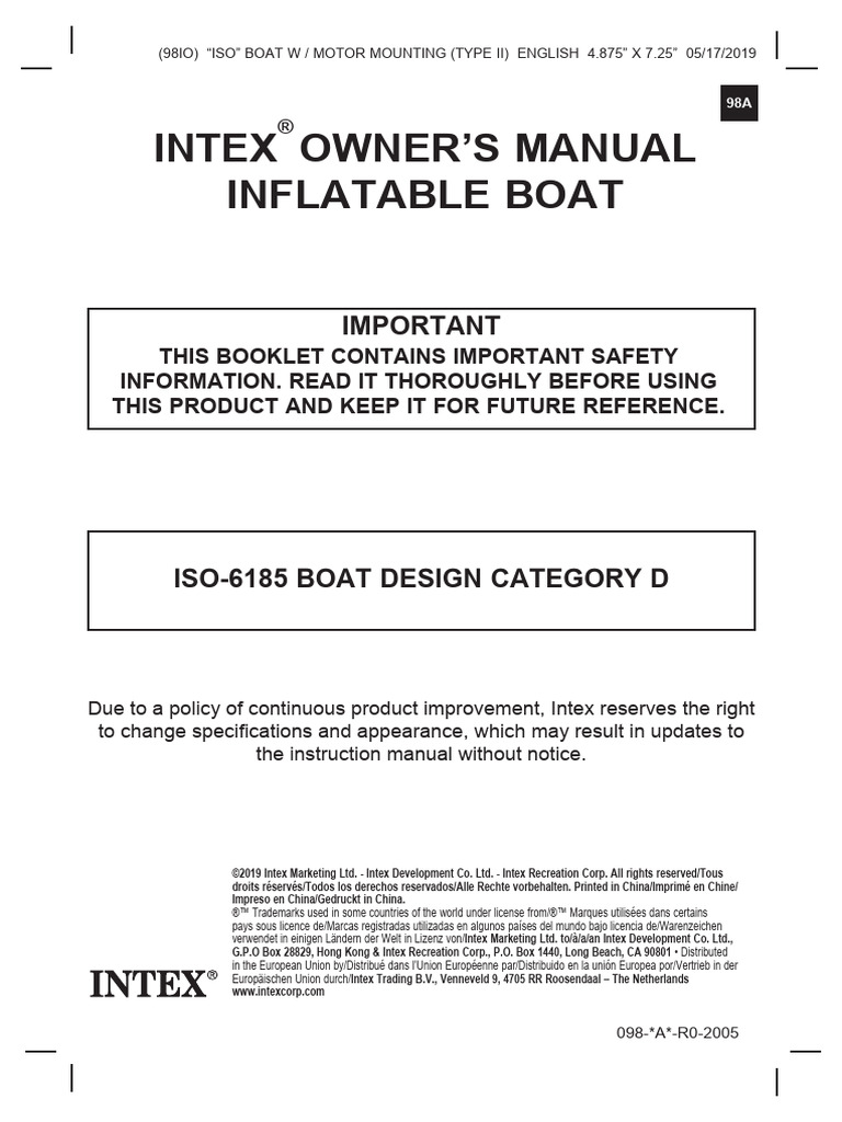 Intex Owners Manual Inflatable Boat ISO 6185 Boat Design Category D ...