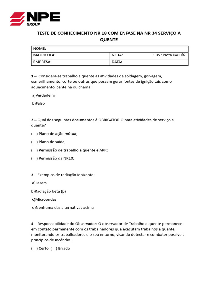 Prova NR 34 e NR 18 | PDF