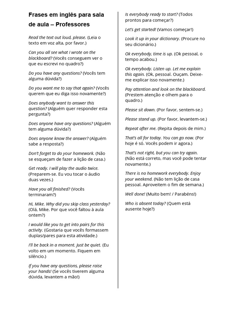 Frases Em Inglês Para Sala De Aula Pdf