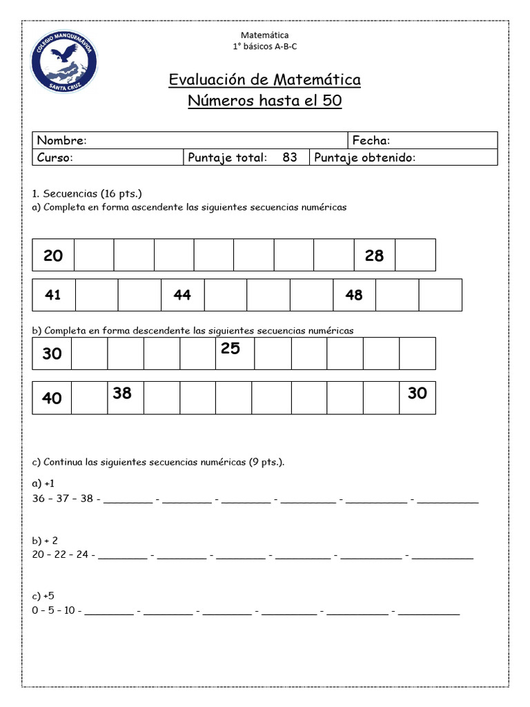 Prueba de Matemática - Números hasta el 50 - 2023 | PDF