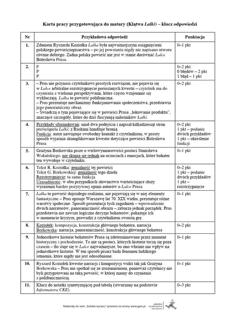 Klucz Odpowiedzi Karta Pracy Do Matury Prus Www | PDF